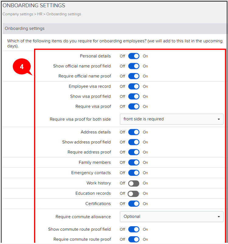 Set required (optional) entry fields for Onboarding – Workcloudヘルプセンター