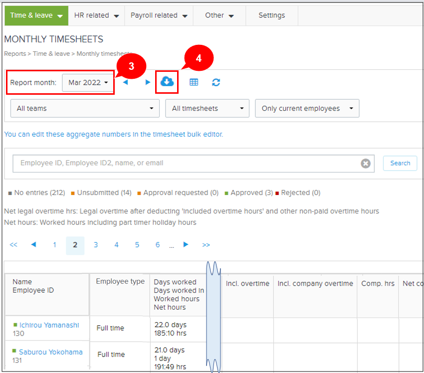 Check monthly actual hours worked, overtime hours, etc. ("Monthly timesheets" report ...